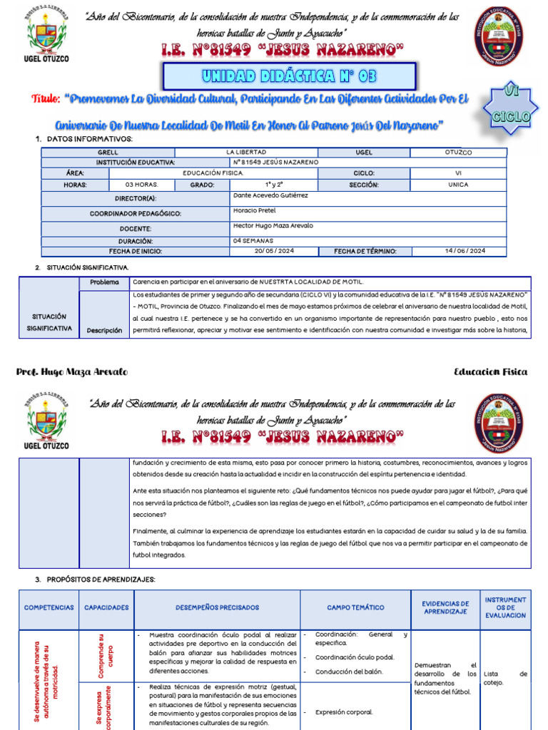 Plani - Ciclo Vi - Unidad 03 - E. Fisica PDF | PDF | Aprendizaje | Asociación de Futbol