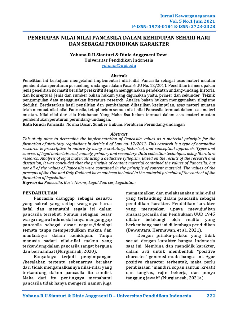 Penerapan Nilai Nilai Pancasila Dalam Kehidupan Sehari Hari Dan Sebagai Pendidikan Karakter | PDF