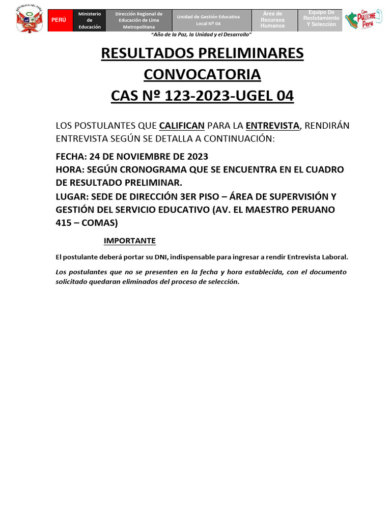 Resultado Preliminar Cas Nâ° 123-2023-Ugel04 | PDF