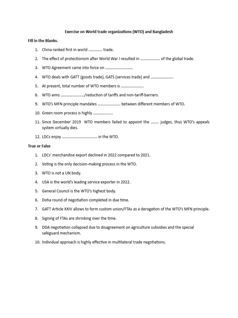 WTO and Bangladesh Exercise | PDF | World Trade Organization ...