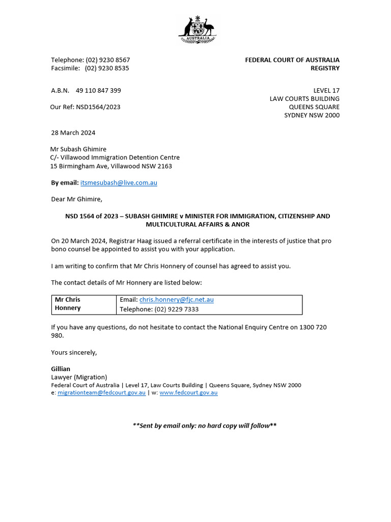 NSD1564 - 2023 Confirmation of Pro Bono Assistance - Letter To ...