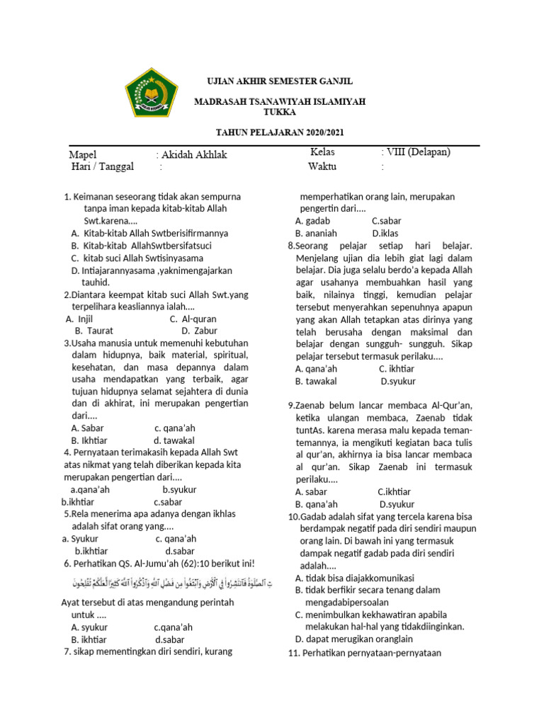 Ujian Akhir Akidah Akhlak Kelas VIII | PDF