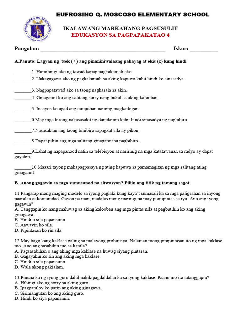 2ND Periodical Test EsP 4 With TOS | PDF