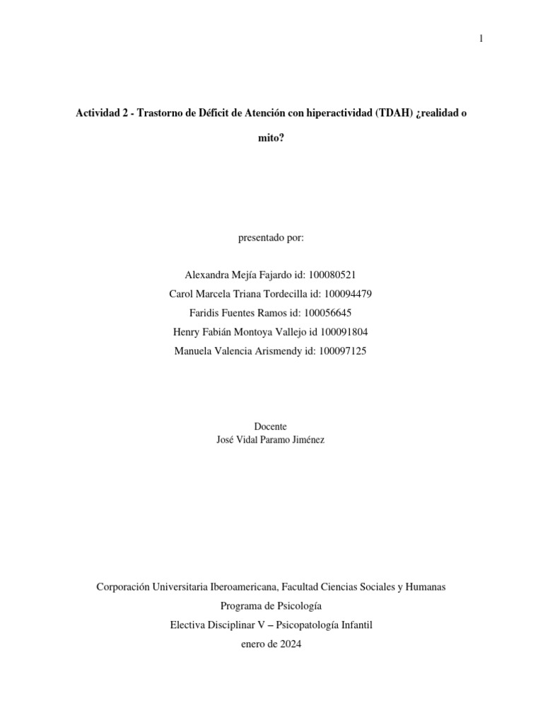 ACT 2 Electiva Disciplinar V - Psicopatología Infantil Caso TDH | PDF | Desorden hiperactivo y ...