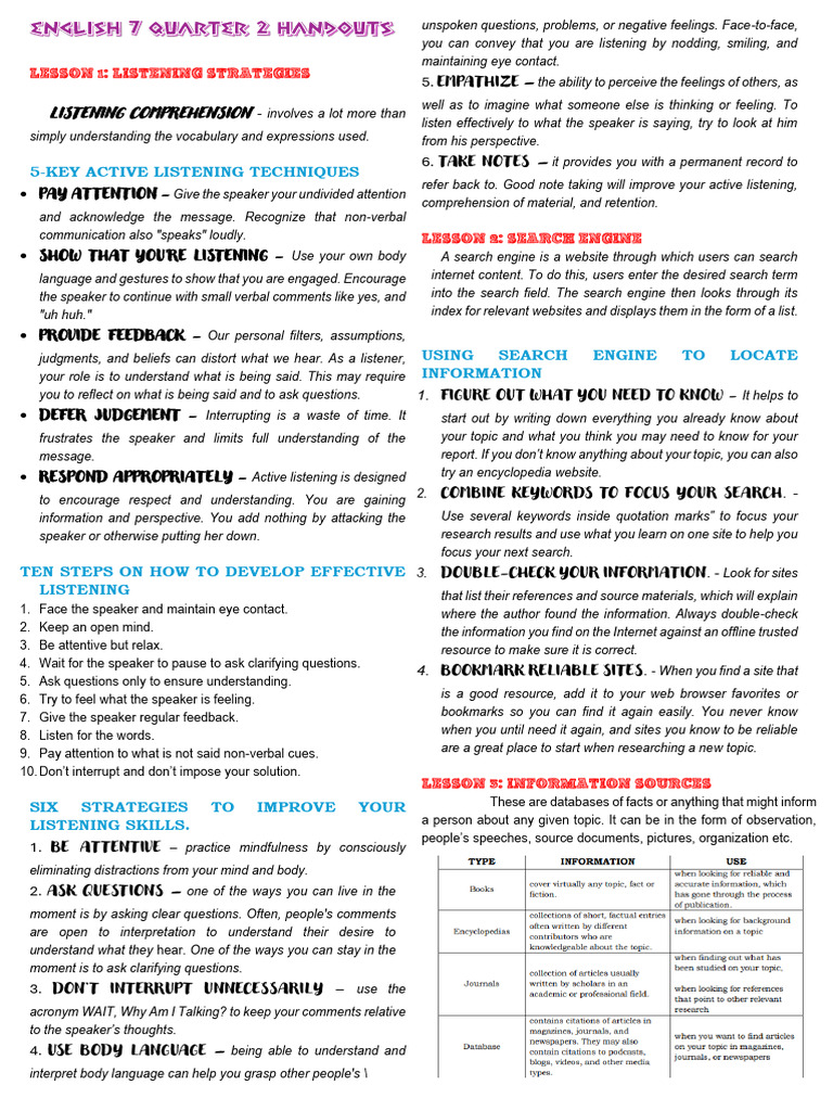 English 7 Quarter 2 Handouts | PDF | Information | Reading Comprehension
