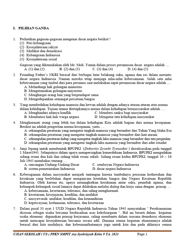 Soal USBN PPKN 2023 | PDF