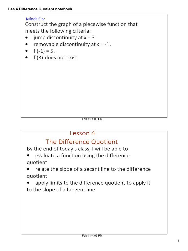Lesson 4 Difference of Quotient | PDF | Tangent | Derivative