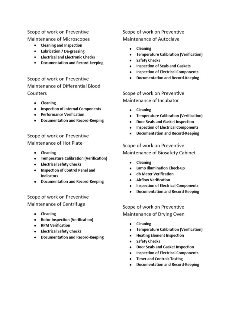 Scope of Work On Preventive Maintenance | PDF | Calibration