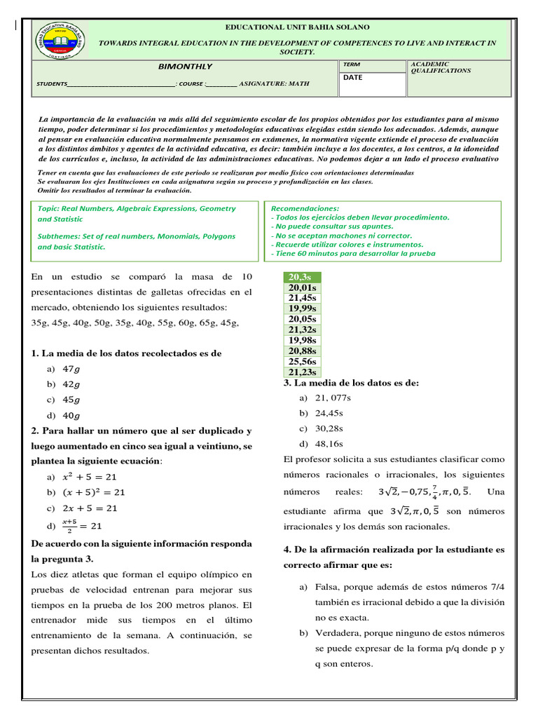 Examen 8 I Periodo Matemática Modificado | PDF | Evaluación | Álgebra