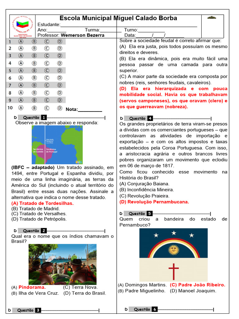 PROVA - 7° Anos - HISTÓRIA - Prof. WEMERSON - Gabarito | PDF | Feudalismo | Nobreza