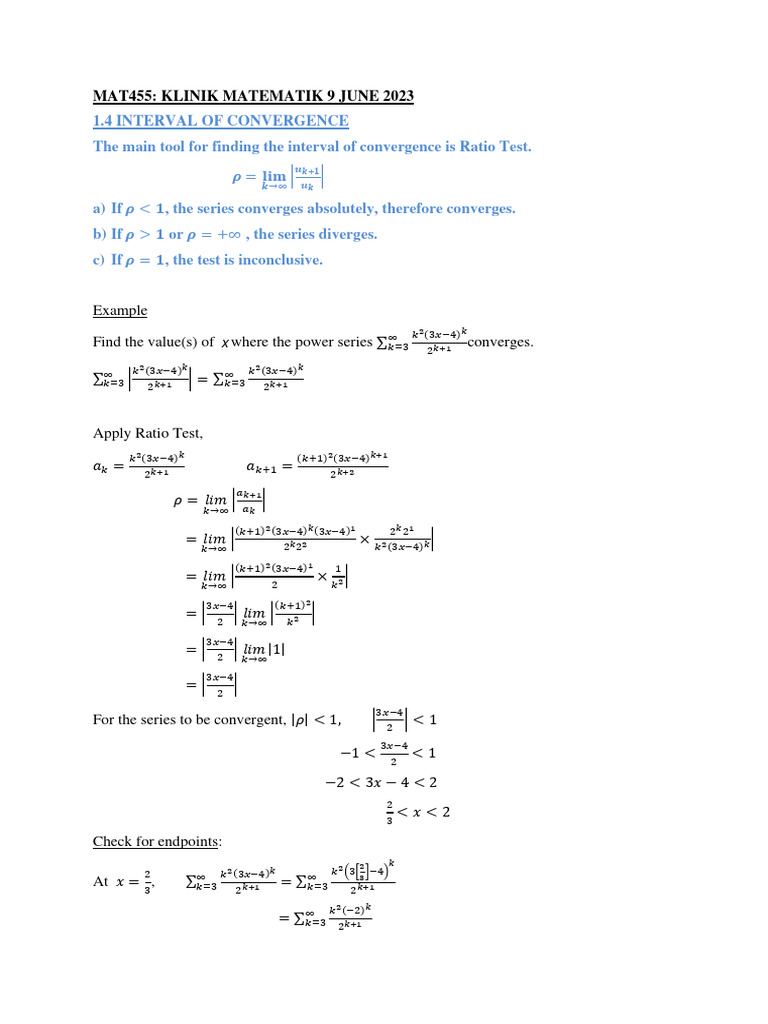 MAT455 - Interval of Convergence - Example From Math Clinic | PDF | Mathematical Analysis | Real ...