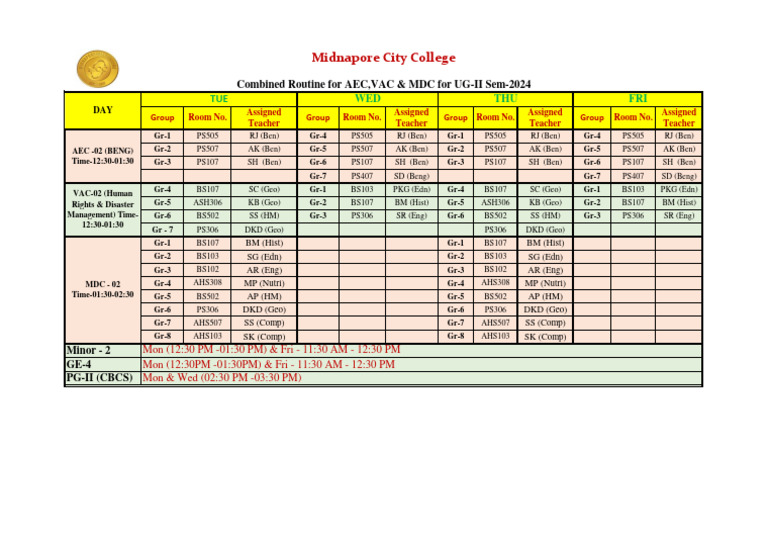 AEC - 02 - VAC-02 - MDC-02 - Minor-02 - GE-04 & CBCS - Class Time Schedule - 2024 | PDF