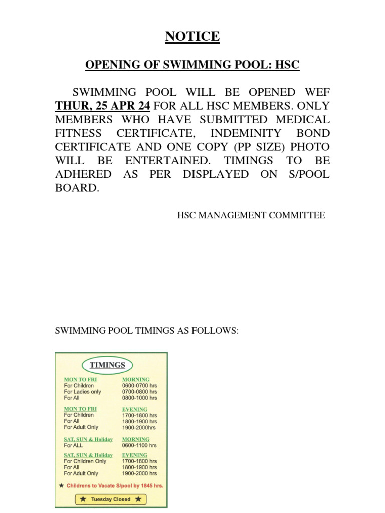 HSC Swimming Pool Opening Notice | PDF