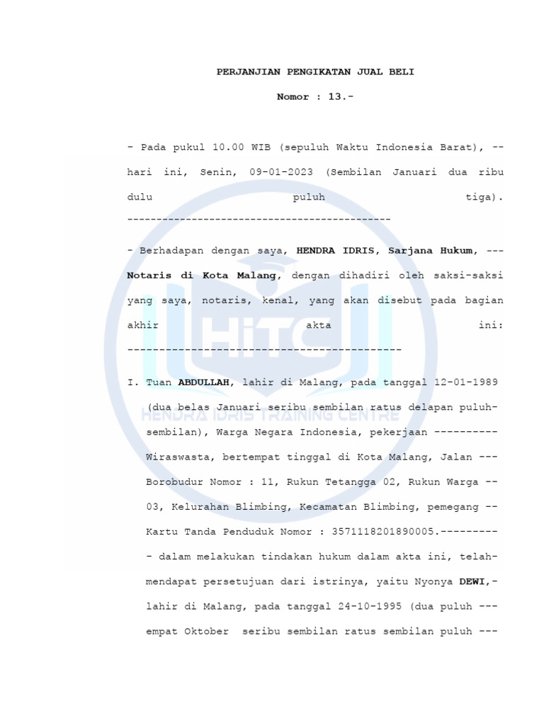 PERJANJIAN PENGIKATAN JUAL BELI 9 JANUARI 2023 | PDF