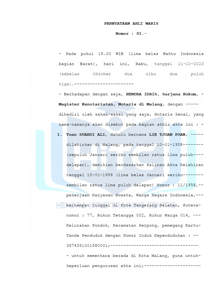 Contoh Akta Pernyataan Ahli Waris 11 Oktober 2023 | PDF Contoh Akta Pernyataan Ahli Waris 11 Oktober 2023 | PDF