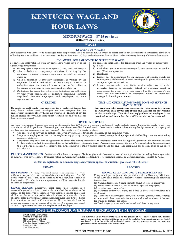 KY Wage and Hour Poster English | Download Free PDF | Employment | Gratuity