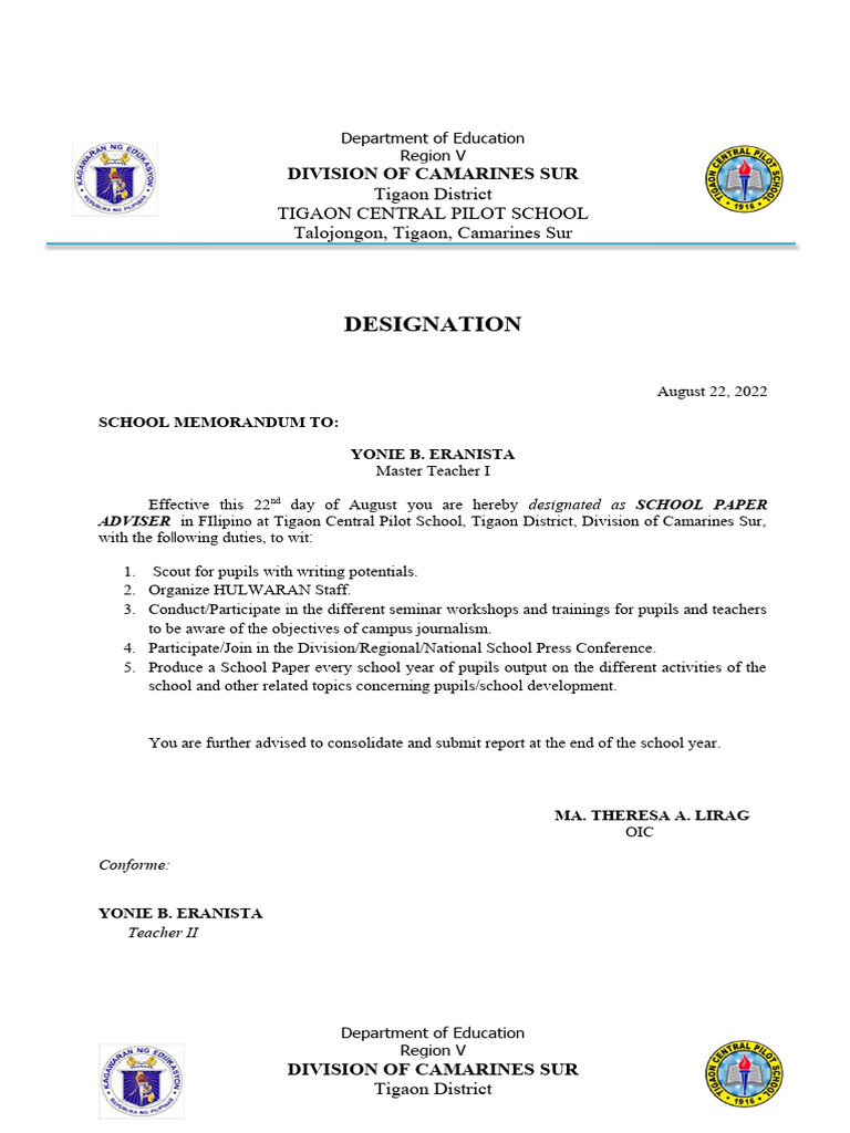 Designation School Memorandum | PDF