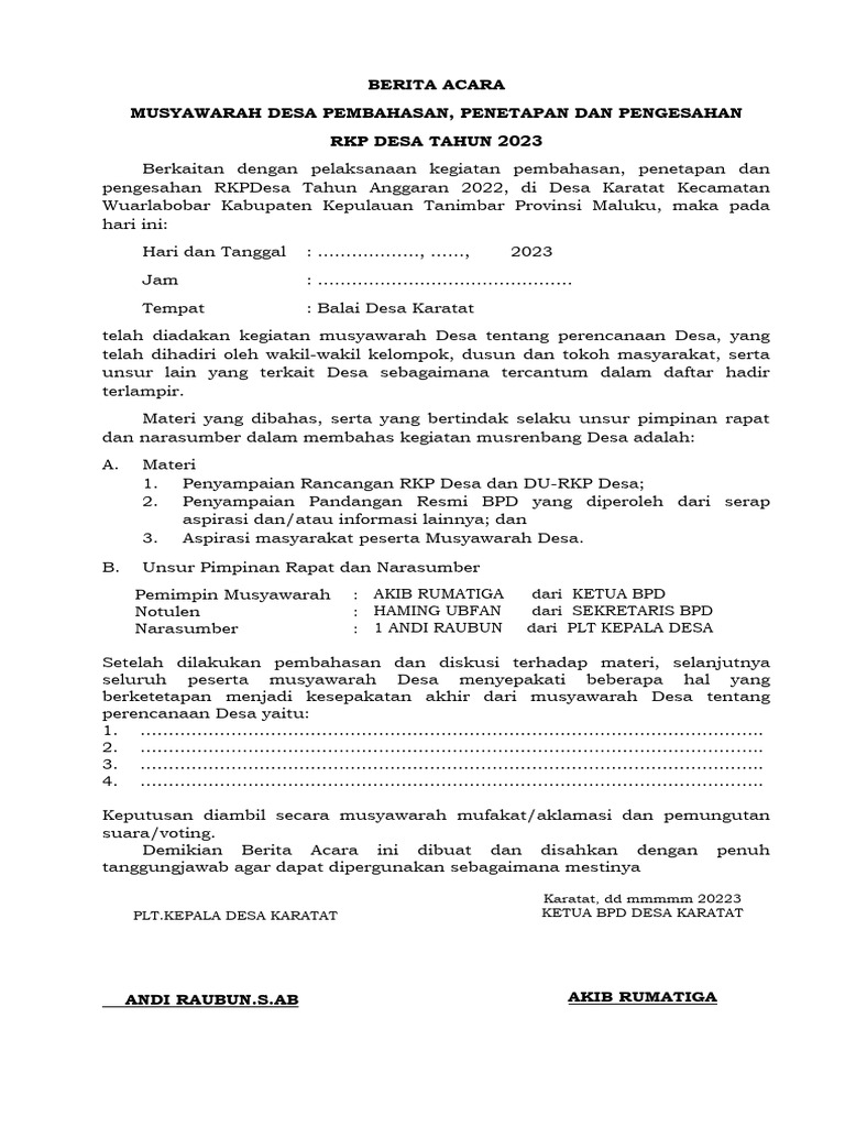 Berita Acara, Notulensi, Dan Daftar Hadir RKP | PDF