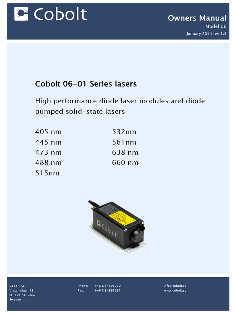 Cobolt 06-01 Laser Module Manual | PDF | Laser | Laser Diode