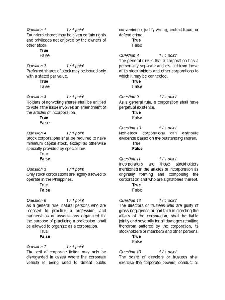 RFBT Quiz Reviewer | PDF | Corporations | Stocks