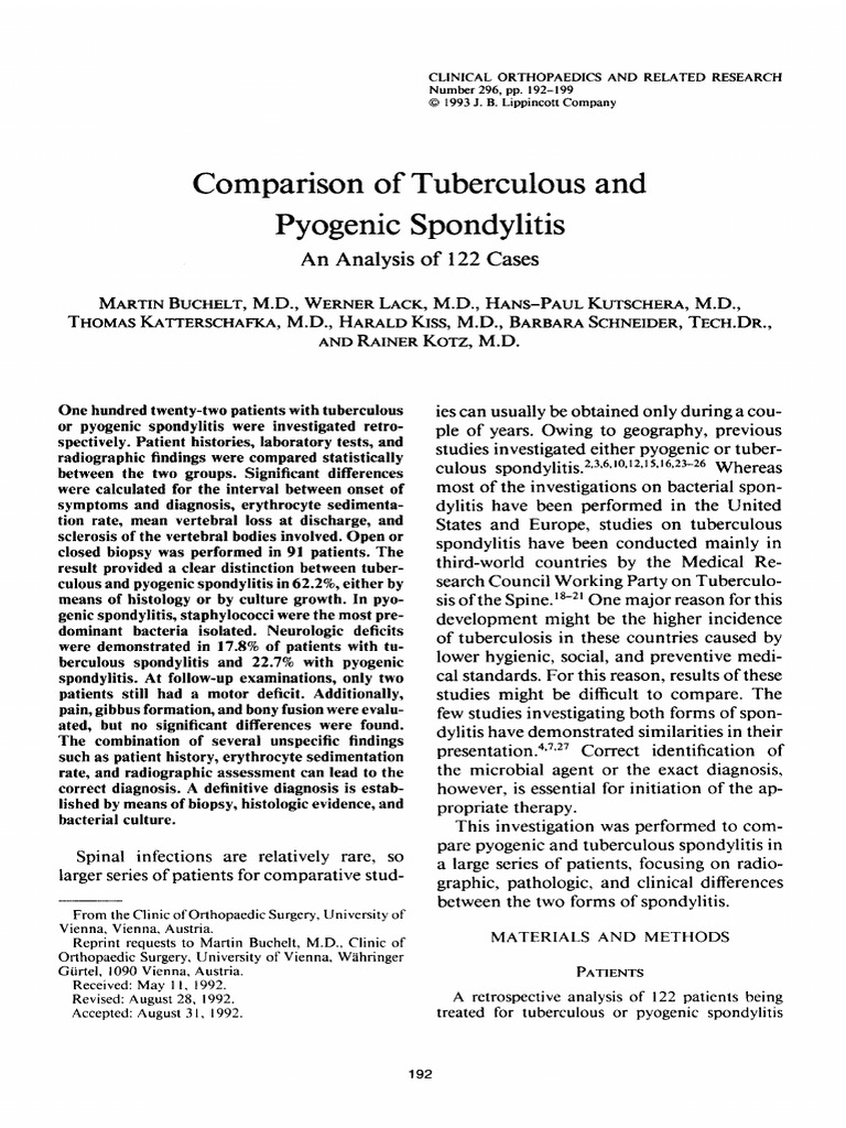 Comparison of Tuberculous and Pyogenic Spondylitis | PDF | Vertebral ...