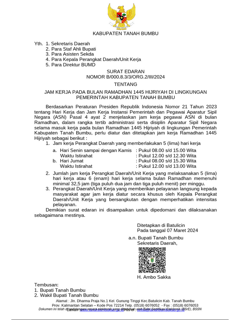 Surat Edaran Jam Kerja Bulan Ramdhan 1445 H | PDF