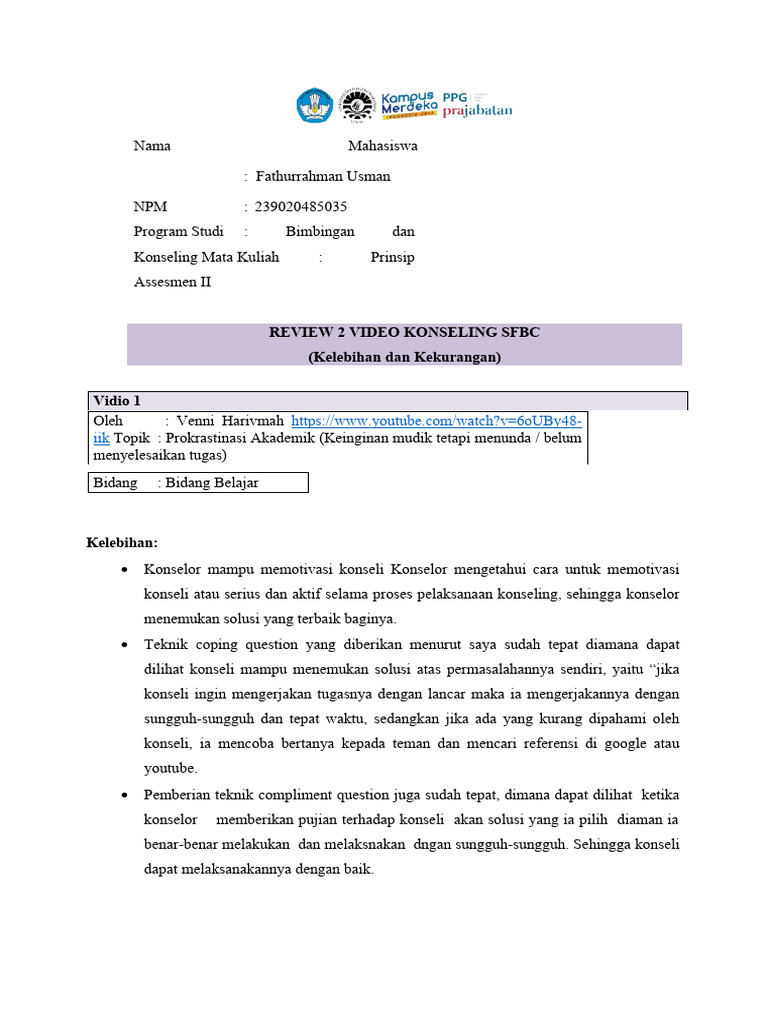 Review Vidio Konseling SFBC - Aulia Meylindah Mahmud - 239020485037 | PDF