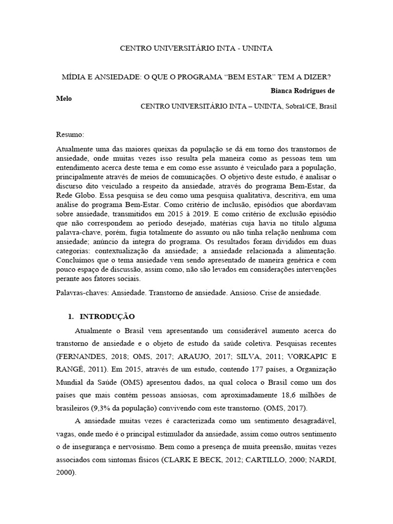 Mídia e Ansiedade o Que o Programa "Bem Estar" Tem A Dizer | PDF | Ansiedade | Distúrbio mental