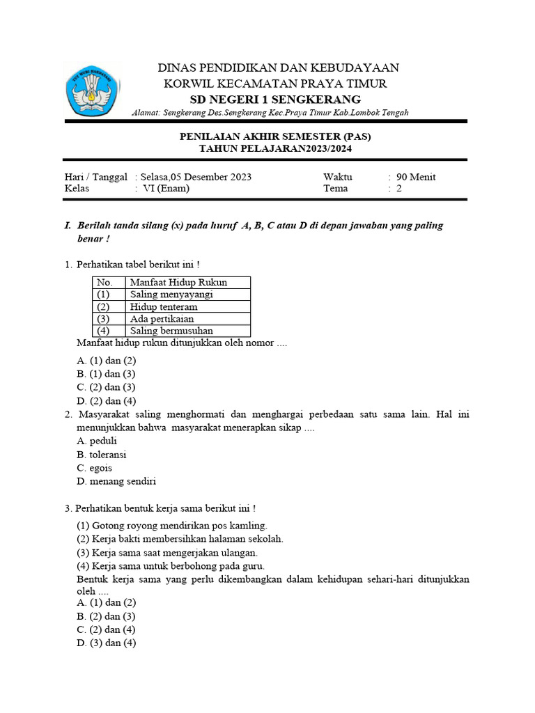 Soal Pas Kelas 6 Tema 2 | PDF