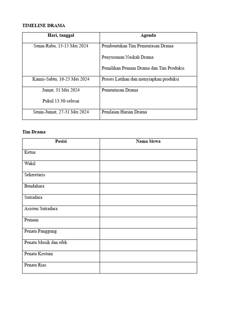 Timeline Pementasan Drama 2024 | PDF