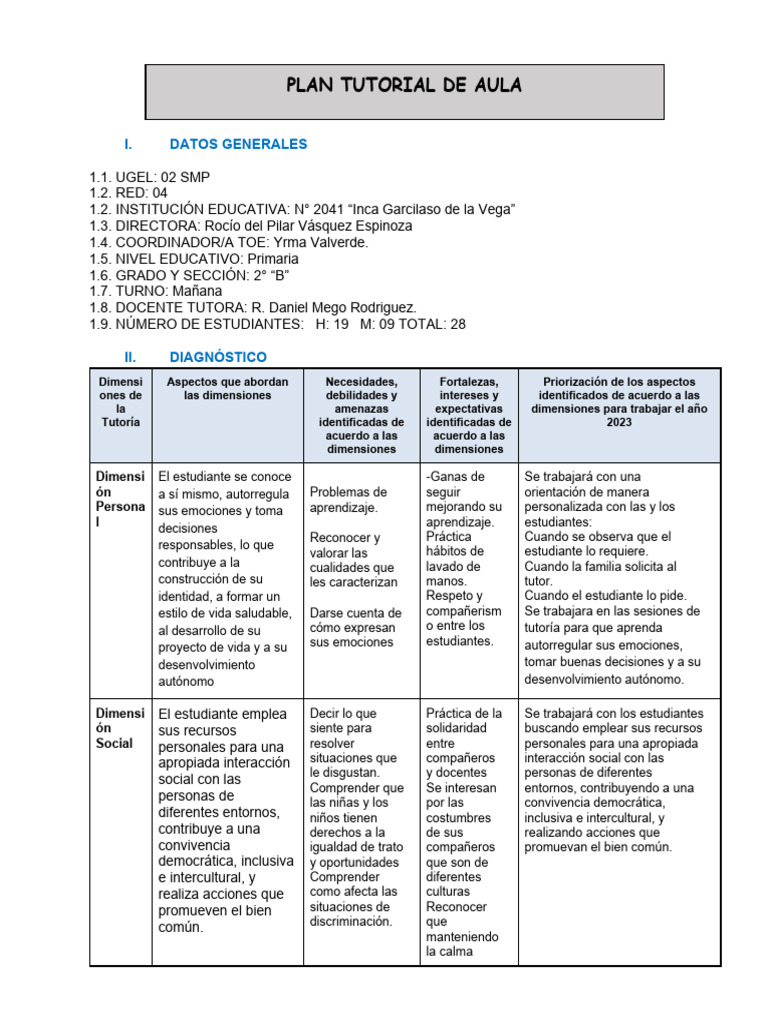 PLAN TUTORIAL AULA 2024 | PDF | Salón de clases | Psicología Social