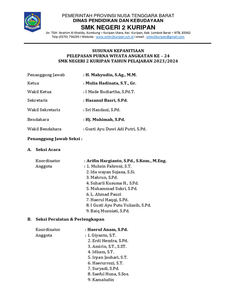 Susunan Panitia Pelepasan SMK 2 Kuripan | PDF