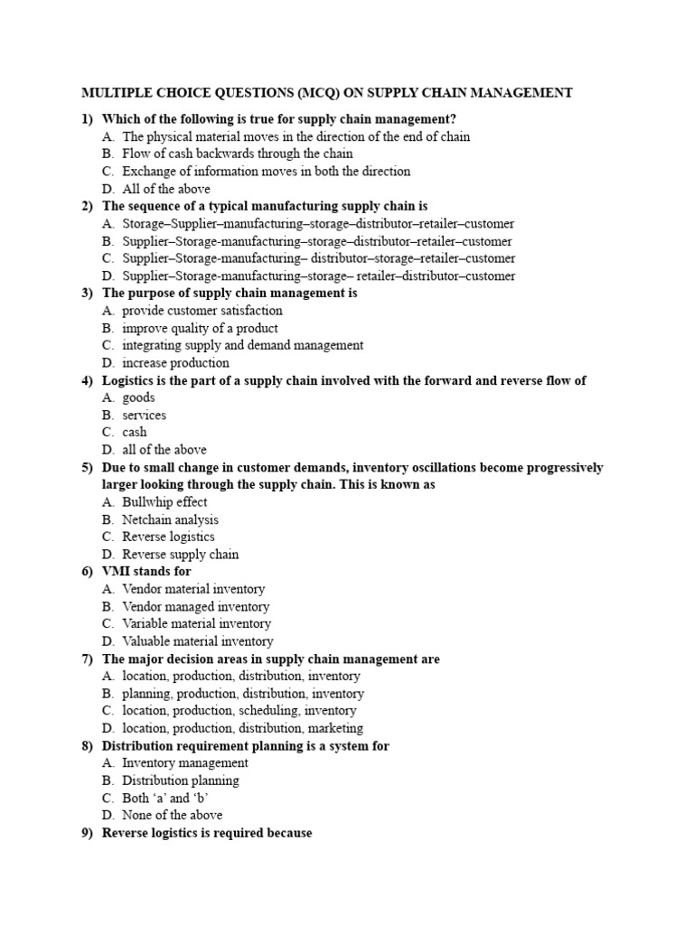 Multiple Choice Questions SCM | PDF | Supply Chain | Supply Chain ...