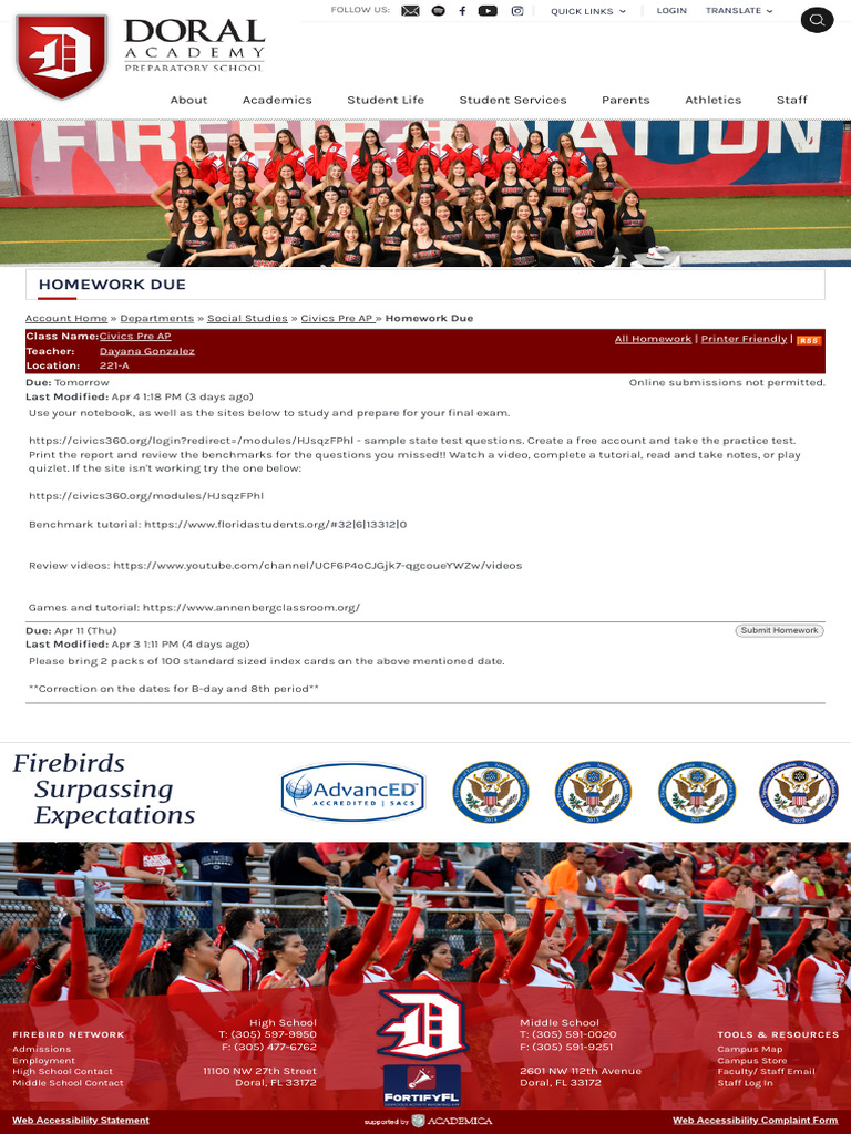 Homework Due - Civics Pre AP - Doral Academy Preparatory School | PDF