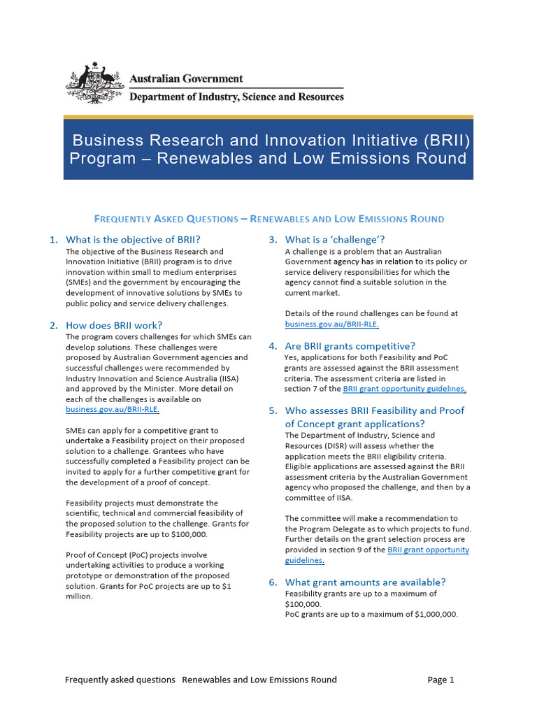 BRII Renewables and Low Emissions Frequently Asked Questions PDF | PDF | Feasibility Study ...
