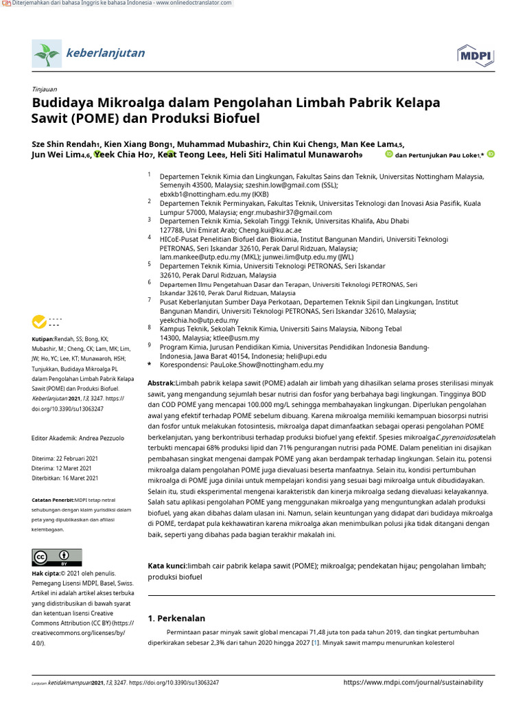 Microalgae Cultivation in Palm Oil Mill Effluent (POME) .En - Id | PDF