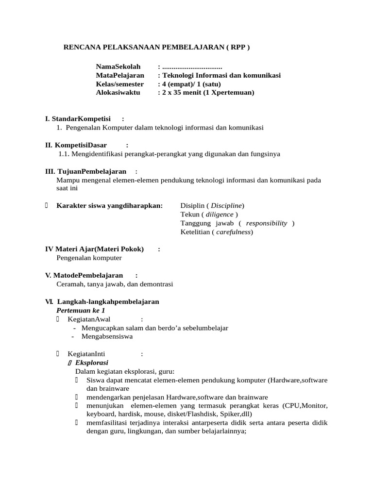 RPP Tik 1 Lembar | PDF
