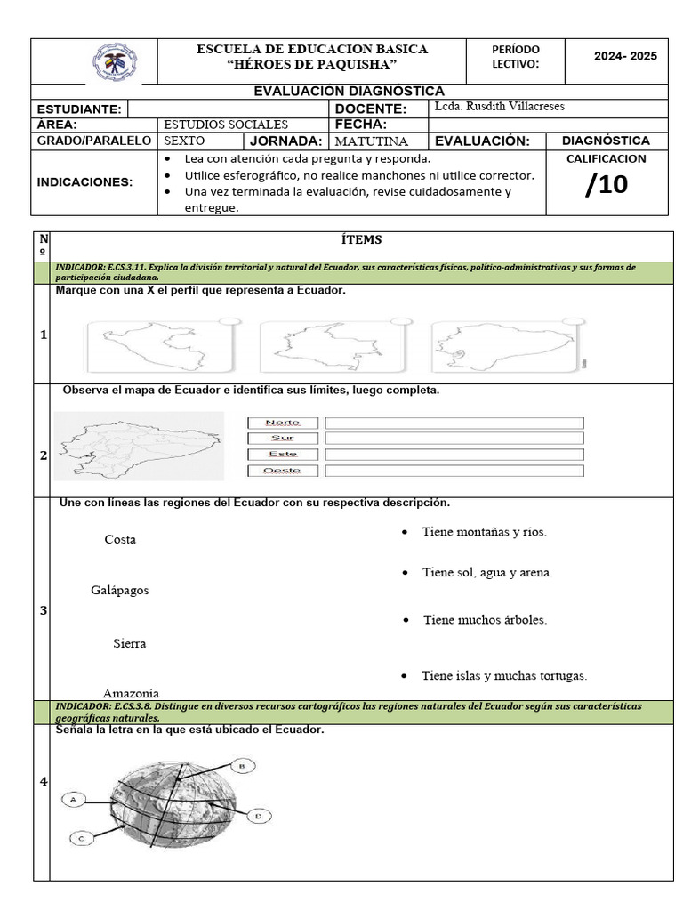 Estudios Sociales Evaluación Diagnóstica 6º | PDF | Ecuador