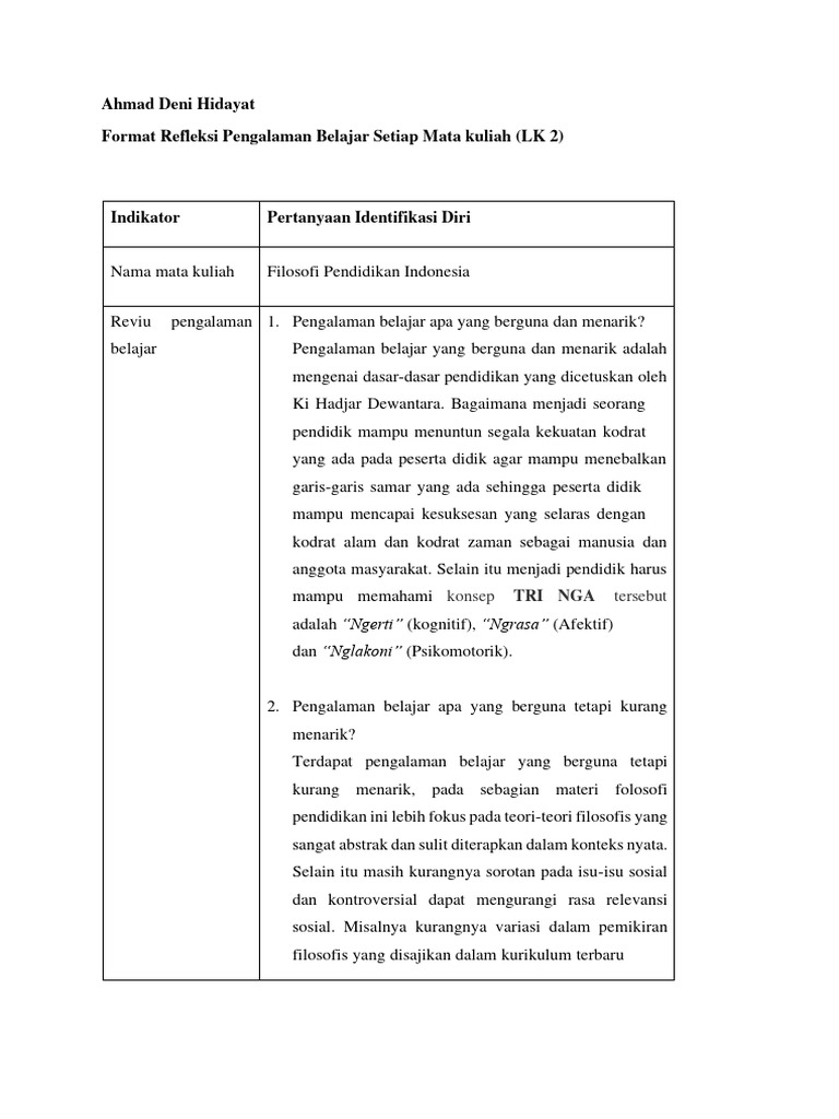 Refleksi Pengalaman Belajar Deni Hidayat | PDF | Pengembangan Diri ...