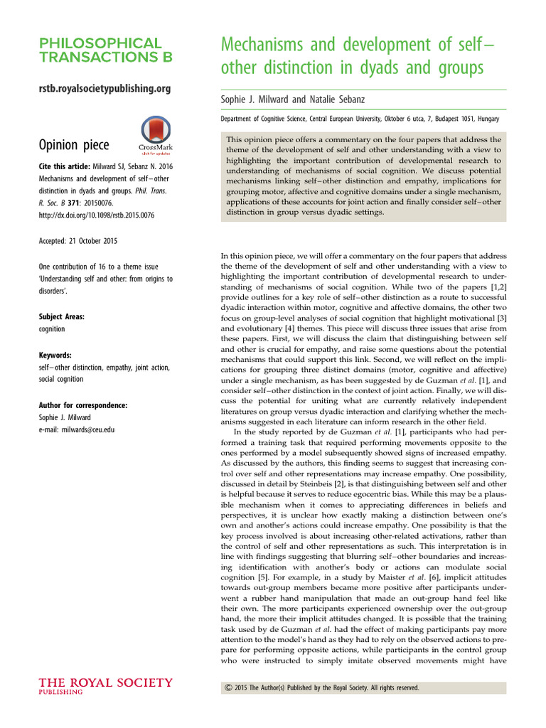 Mechanisms and Development of Self - Other Distinction in Dyads and ...