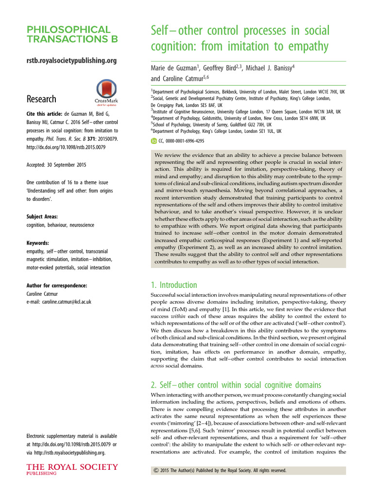 Self-Other Control Processes in Social Cognition: From Imitation To Empathy | PDF | Empathy ...