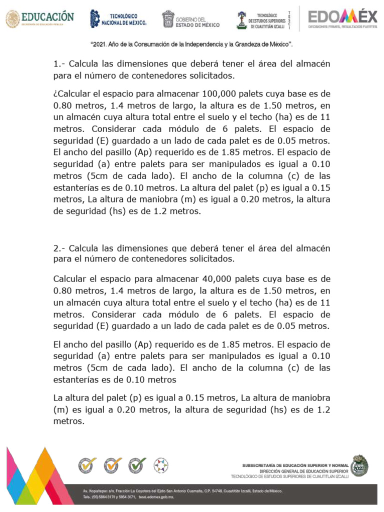 Ejercicio Cálculo de las Dimensiones de un almacén | PDF