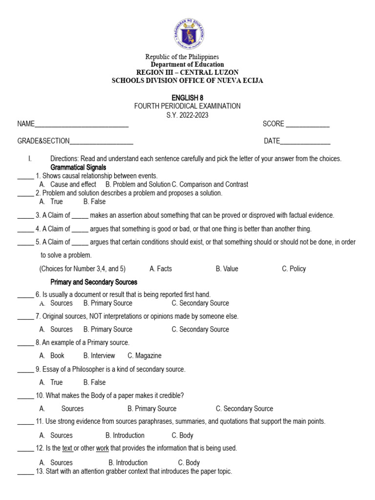 English 8 Fourth Periodical Exam Guide | PDF | Speech | Primary Sources