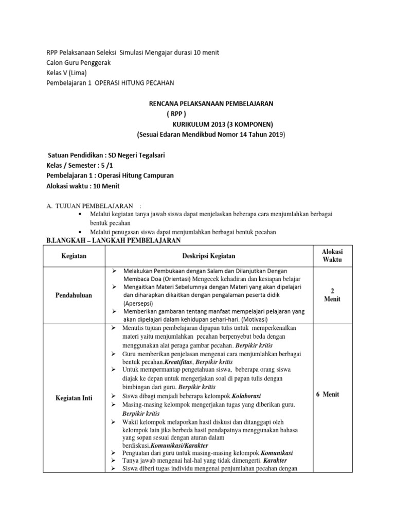 RPP 10 Menit Simulasi Mengajar CGP Angkatan 5 | PDF