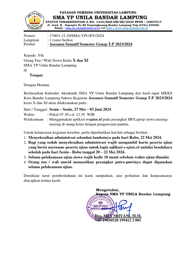 Surat Edaran Penilaian Akhir Semester Genap 2024 | PDF