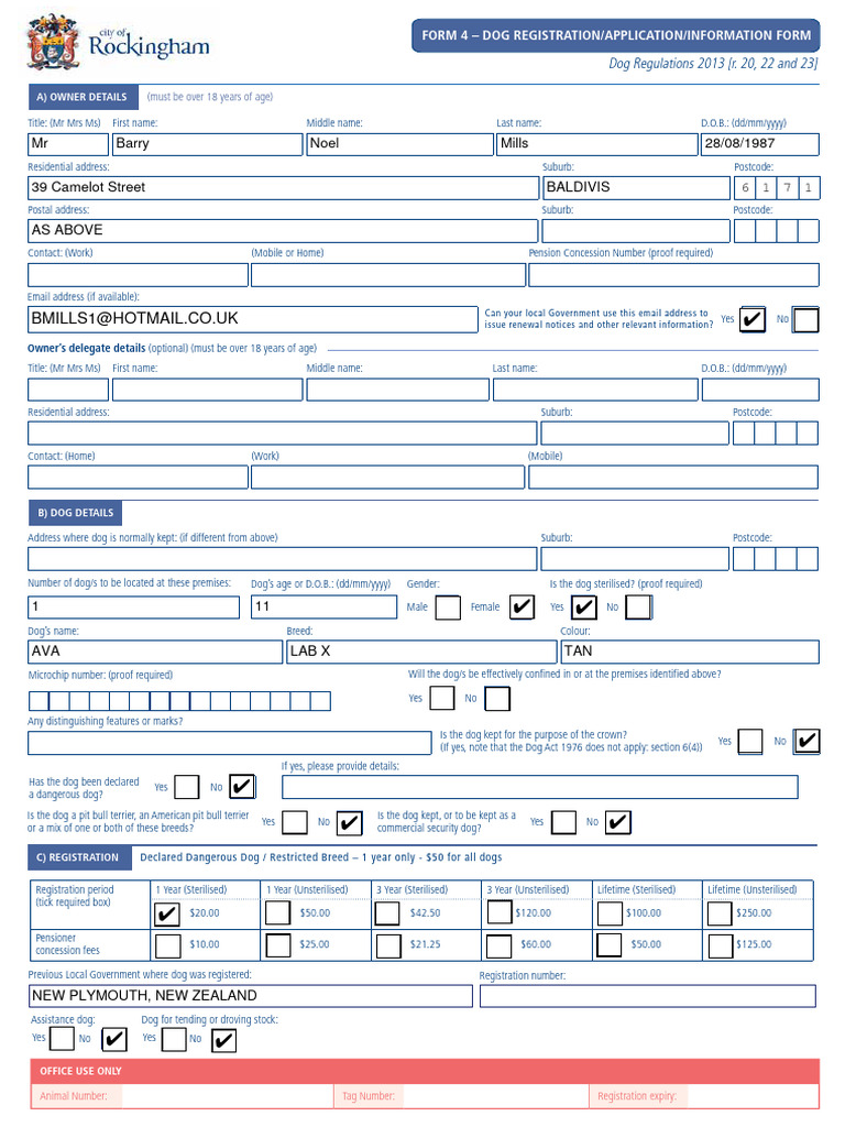 Dog Registration Form | PDF | Pit Bull | Cheque