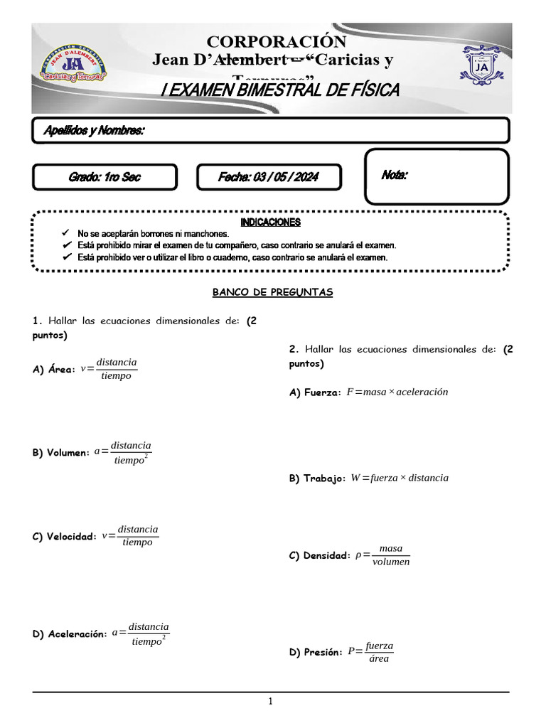 Examen Fisica 2do Sec | PDF | Velocidad | Mecanica clasica