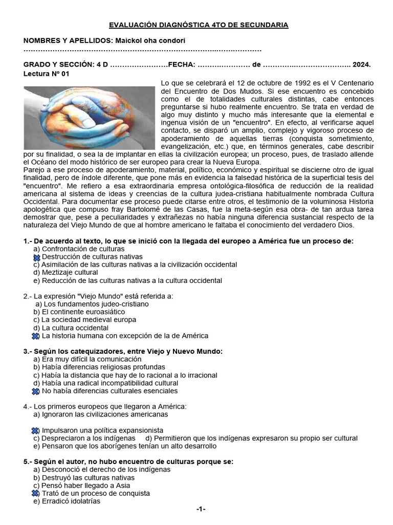 EVALUACIÓN DIAGNÓSTICA 4to D | PDF | Américas