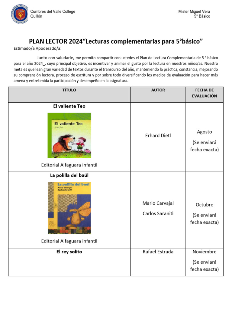 Plan Lector 2024 para 5° Básico | PDF | Cognición | Comunicación escrita
