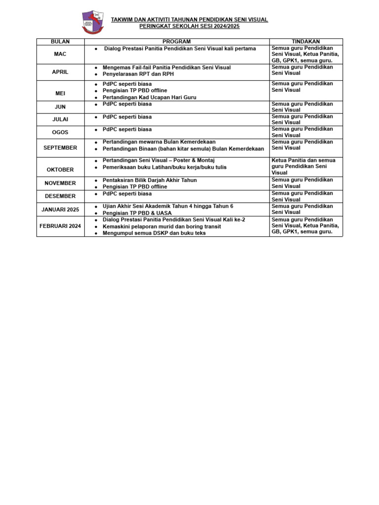 TAKWIM DAN AKTIVITI TAHUNAN PENDIDIKAN SENI VISUAL Edit | PDF